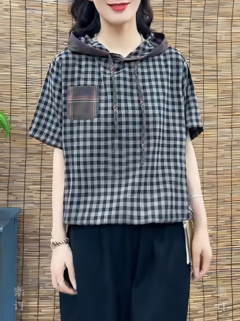 Retro old cotton plaid hem drawstring top + elastic waist loose and ...