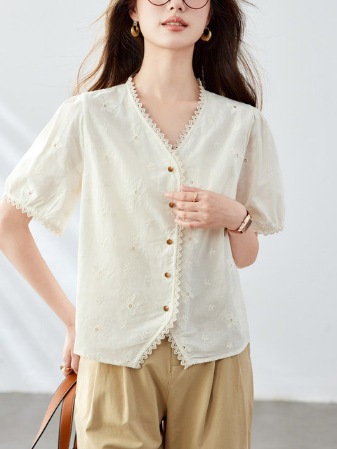 French lace collar heavy industry embroidered shirt women's summer short-sleeved V-neck ...