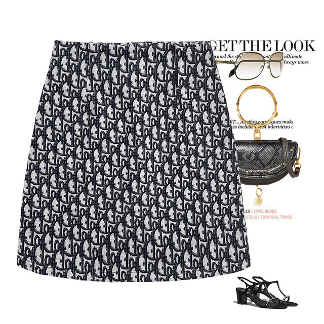 Retro skirt spring and summer gray a-line skirt letter jacquard pattern ...
