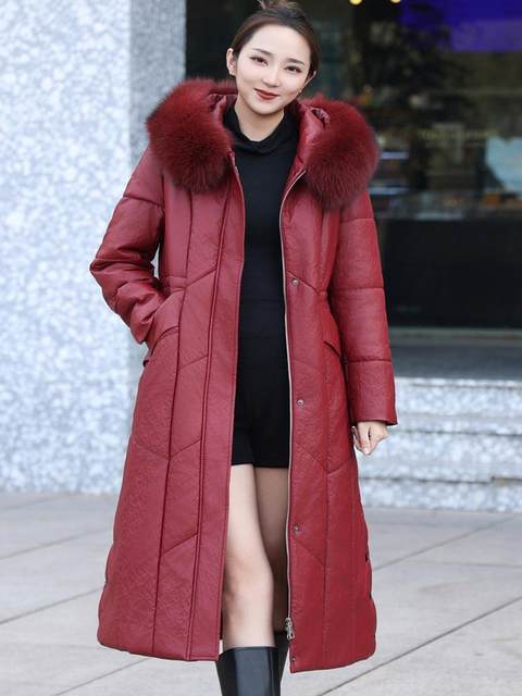 genuine leather sheepskin coat for women over knee long fox fur collar hooded winter alpaca down ...