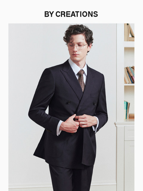 Bopin herringbone pure wool business suit men's double-breasted groom's ...