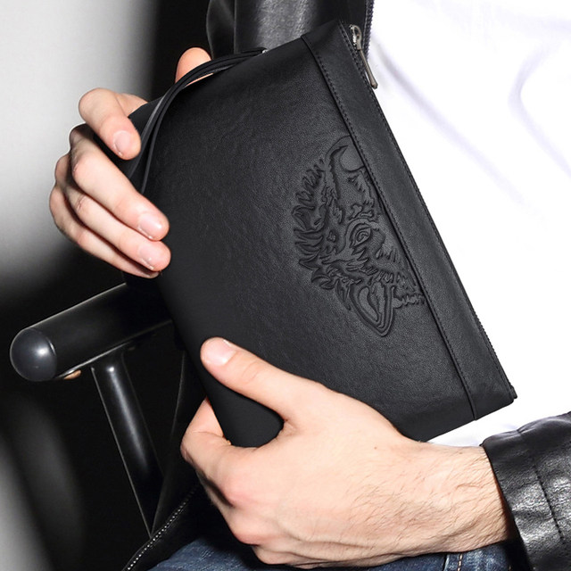 Seven wolf men's handbags, leather fabrics, tide wolf head thin hand ...