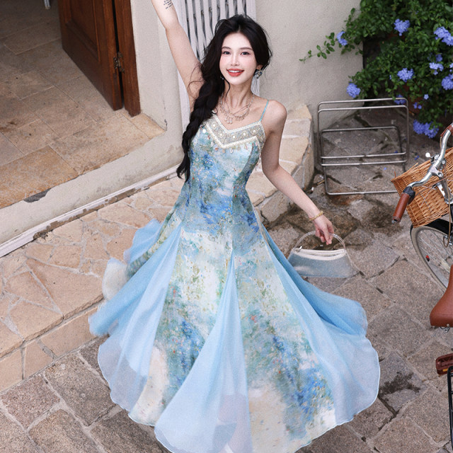 AZure lace webbing dress blue blooming printed long skirt temperament ...