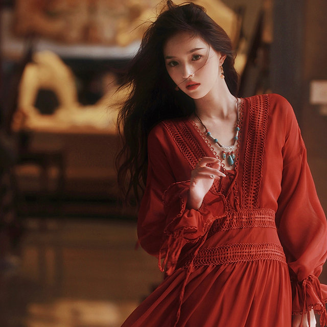 AZure French retro deep V tie dress waist lace lace dress long sleeves ...