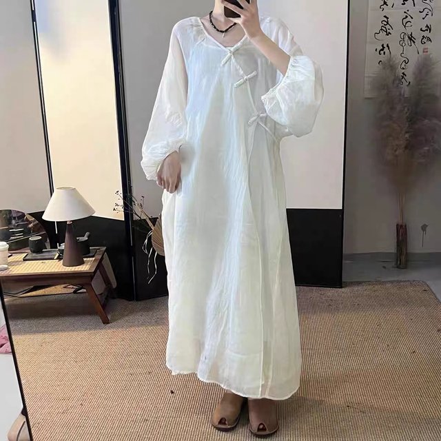 19540 Xiaolian~Zen buttoned double-layer ramie dress with slanted ...