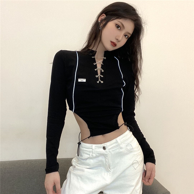 gagaopt homemade new pullover chain strap short top women leaking waist long sleeve black tight ...