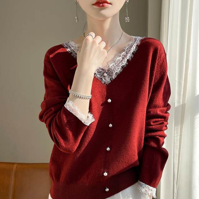 Broken shirt women autumn and winter red V -neck sweater loose and ...