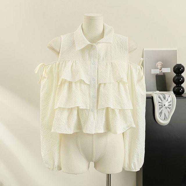 Ruffled off-shoulder Polo collar long-sleeved shirt for women autumn ...