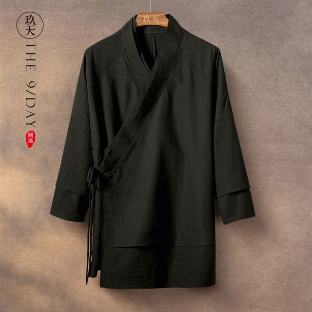 Autumn mid -length Hanfu Chinese style men's clothing diagonal fake two ...