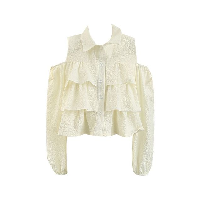 Ruffled off-shoulder Polo collar long-sleeved shirt for women autumn ...