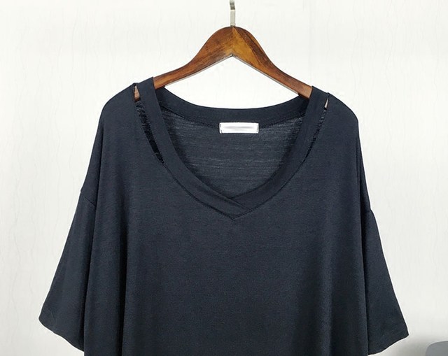 European and American lazy big V -neck loose, thin pure color off ...