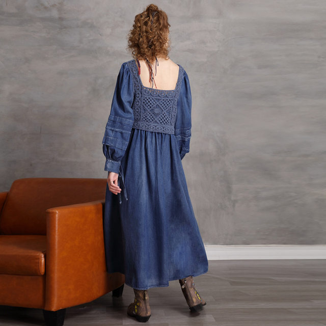 Lady's retro square collar stitching hollow embroidery long-sleeved ...